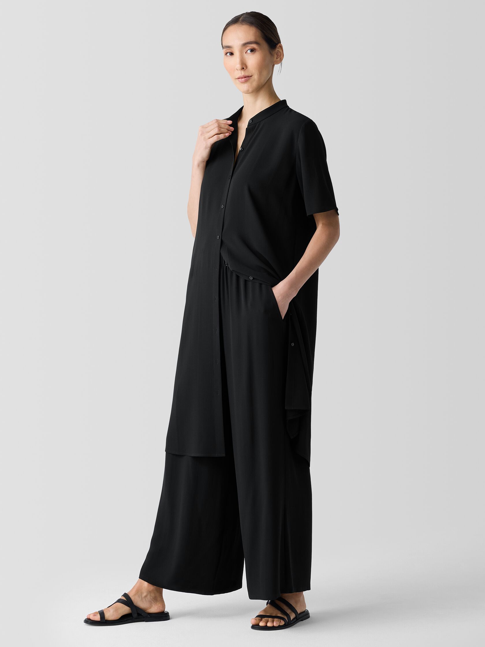 Silk Georgette Crepe Band Collar Dress | EILEEN FISHER