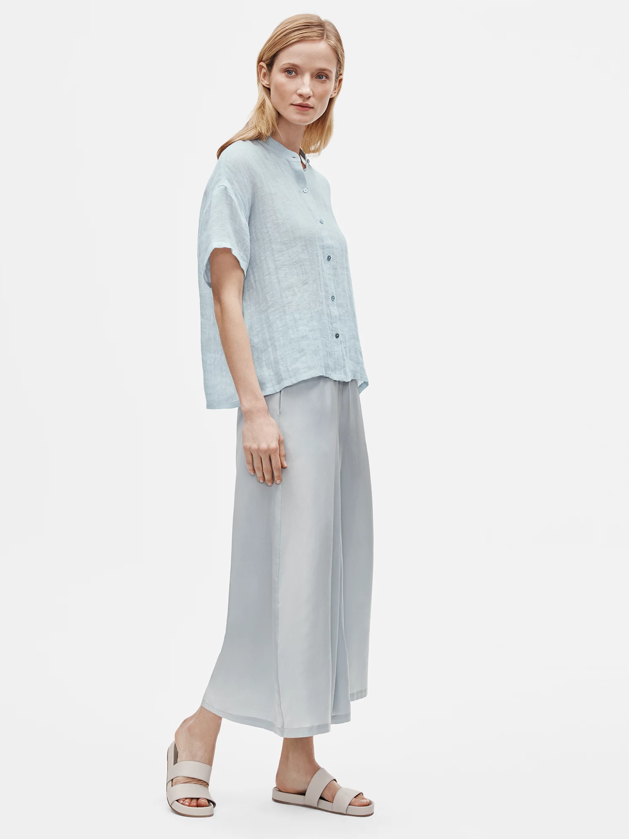 Organic Linen Gauze Mandarin Collar Shirt | EILEEN FISHER