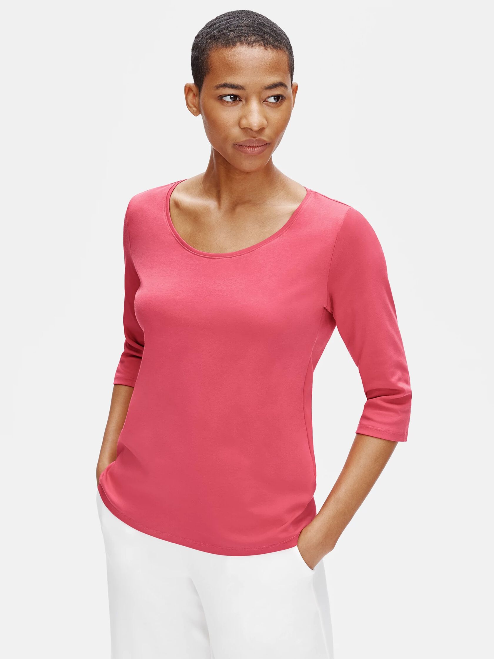 Organic Cotton Interlock Rounded V-Neck Top | EILEEN FISHER