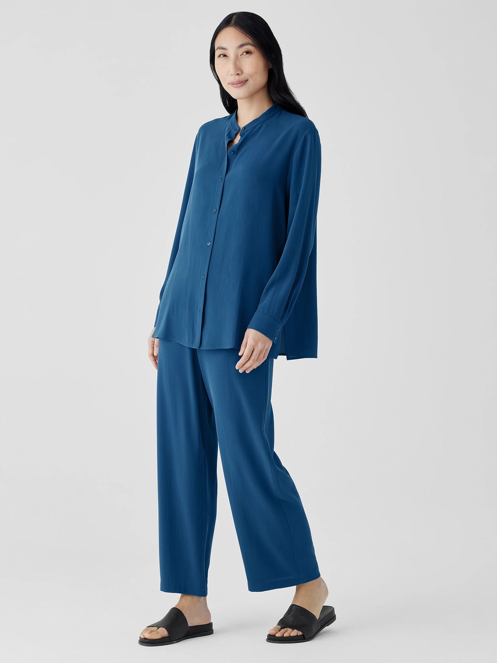 Silk Georgette Crepe Band Collar Shirt | EILEEN FISHER