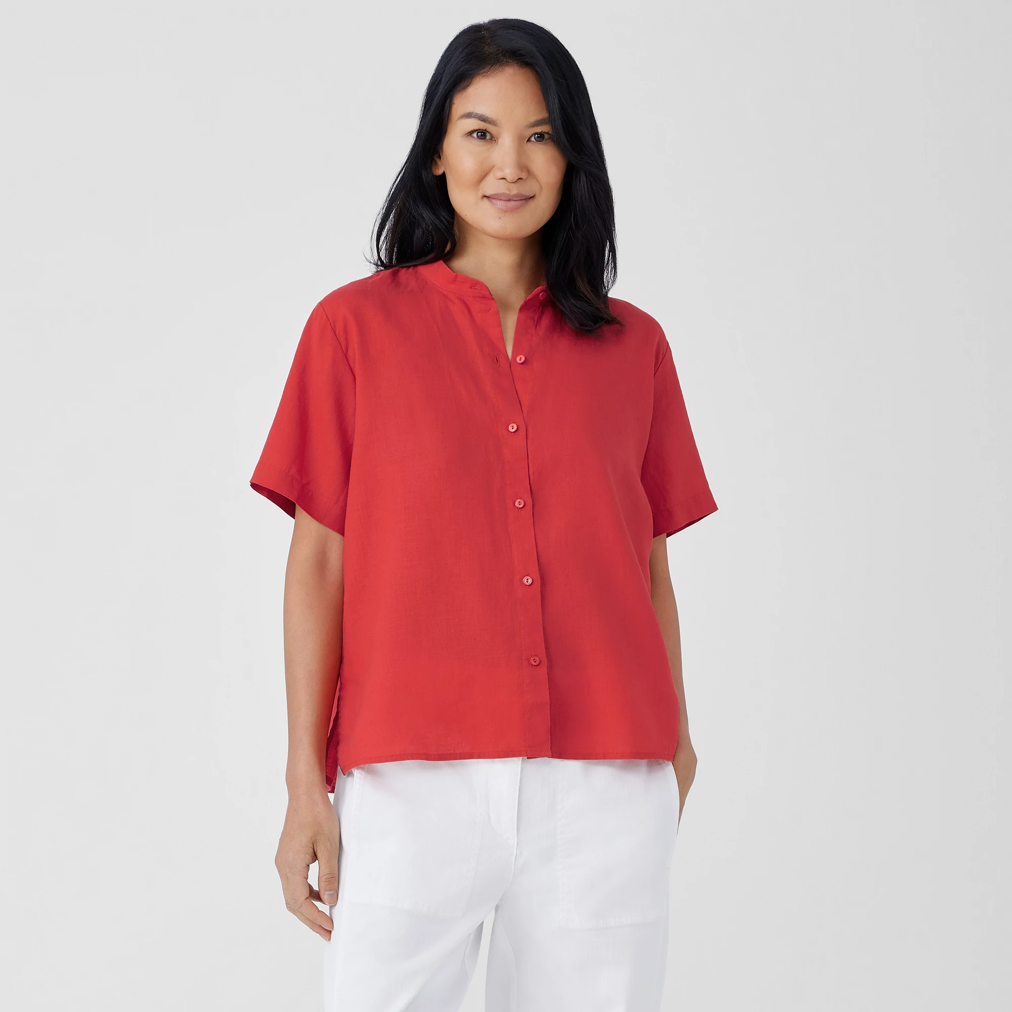 Organic Handkerchief Linen Band Collar Short-Sleeve Shirt | EILEEN FISHER