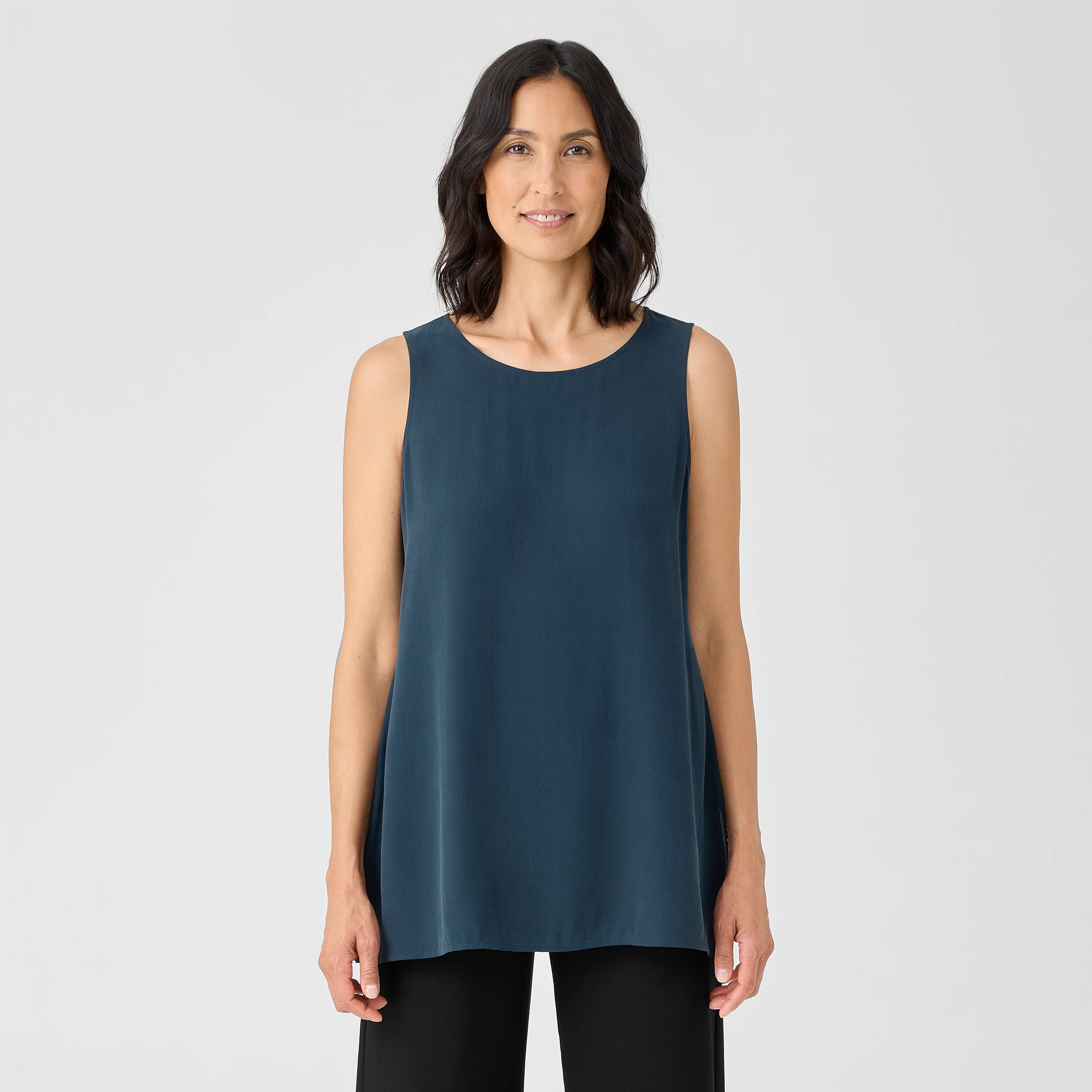 Silk Georgette Crepe Ballet Neck Long Tank | EILEEN FISHER