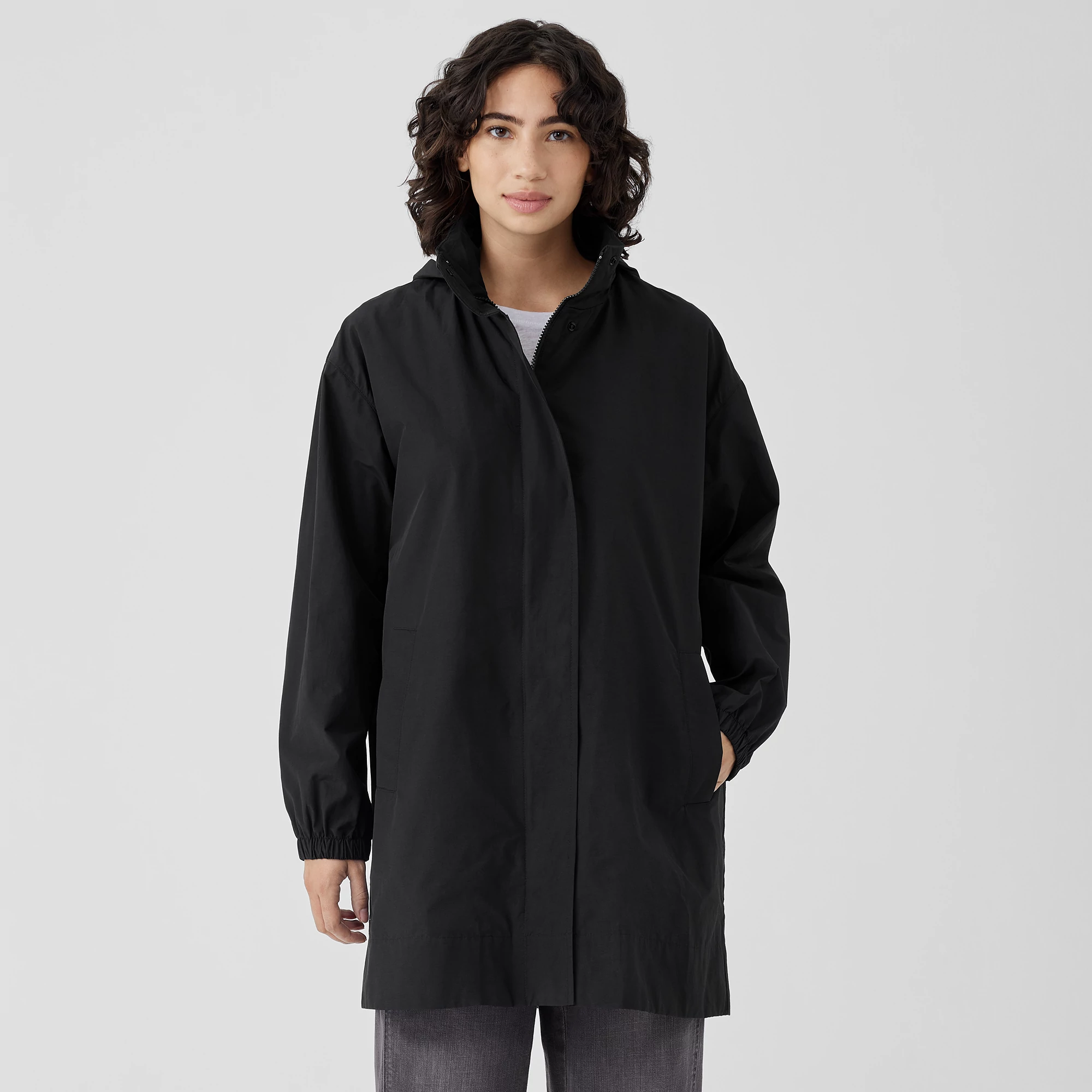 Light Cotton Nylon Stand Collar Long Coat | EILEEN FISHER