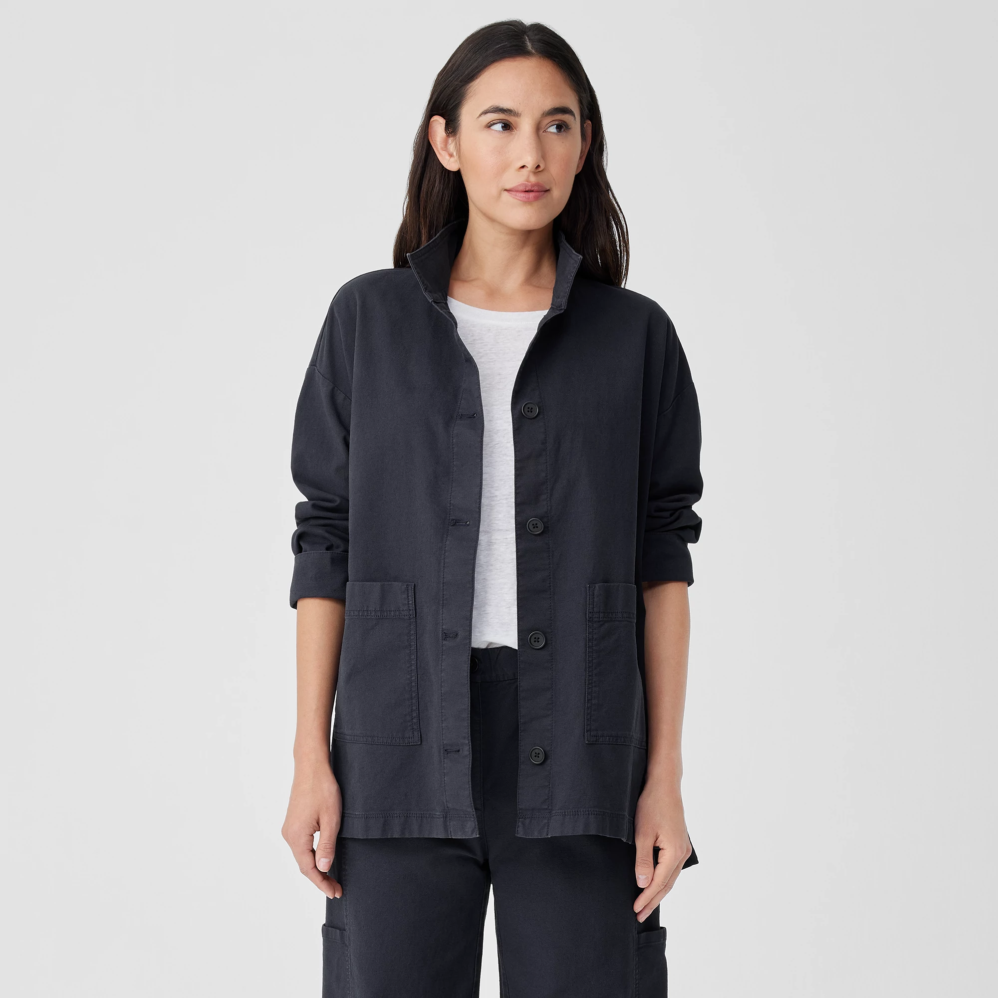 Cotton Hemp Stretch Stand Collar Jacket | EILEEN FISHER