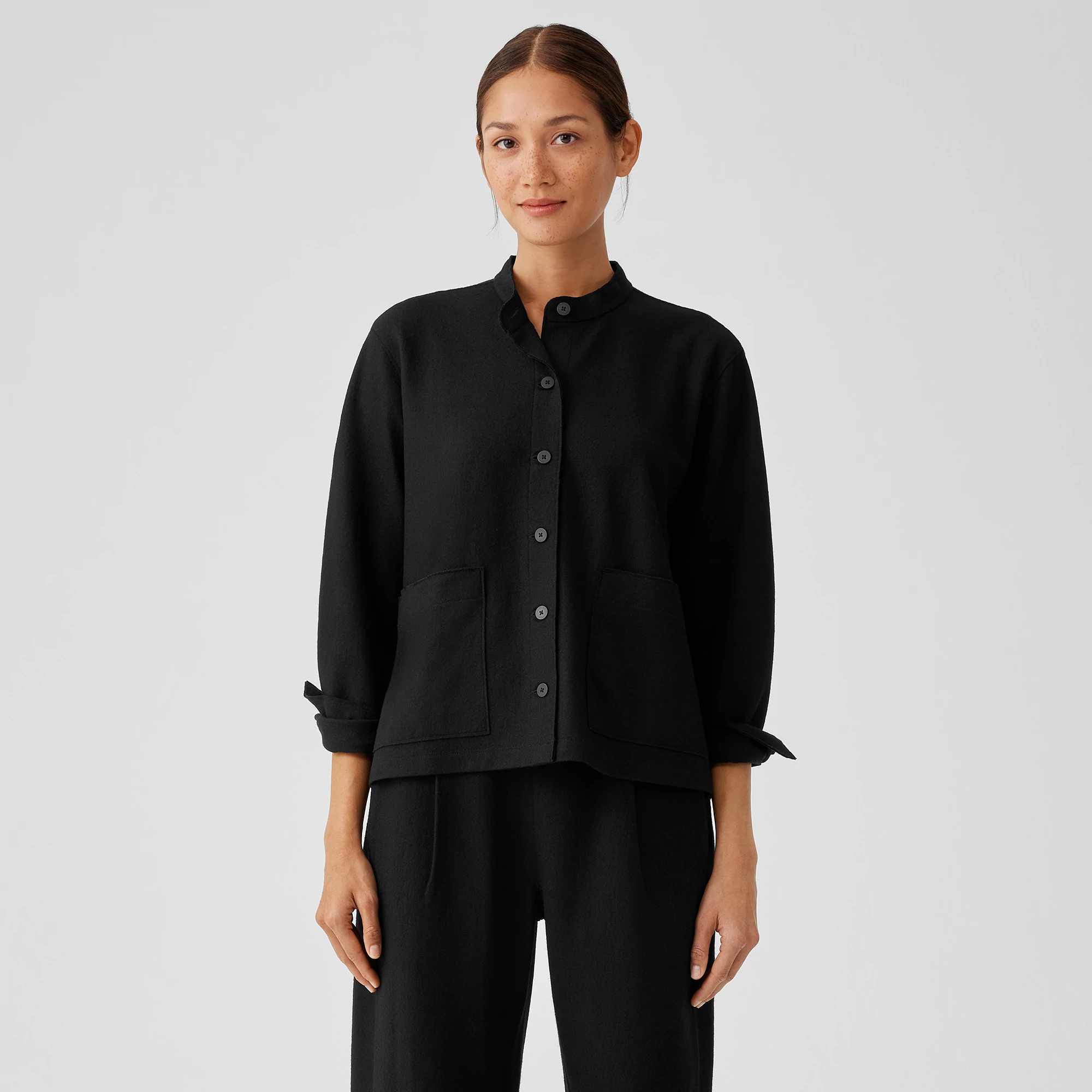 Boiled Wool Jersey Mandarin Collar Shirt Jacket | EILEEN FISHER