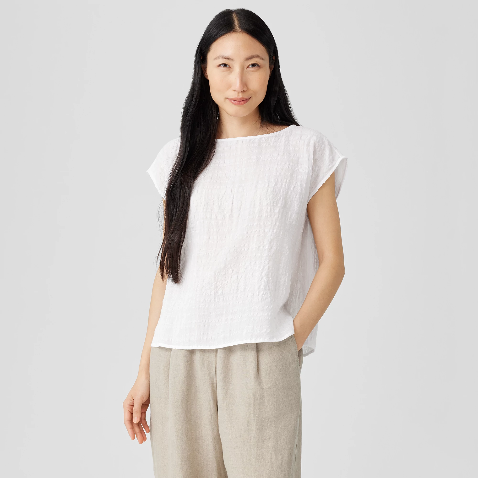 Linen Cotton Sheer Check Shirred-Back Top | EILEEN FISHER