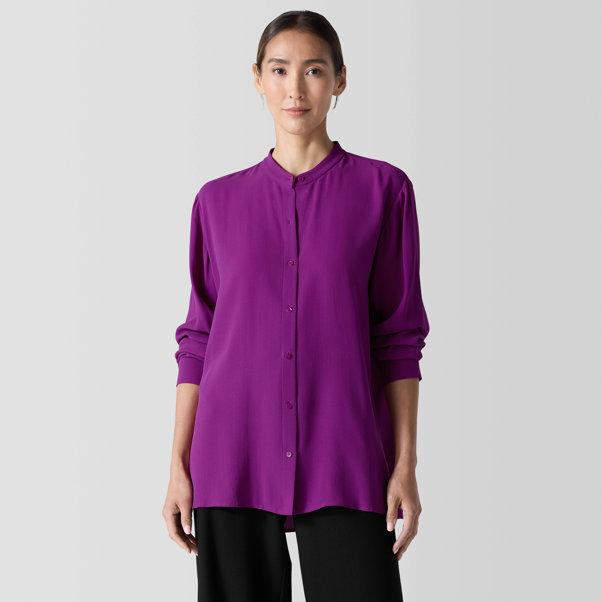 Silk Georgette Crepe Band Collar Shirt | EILEEN FISHER