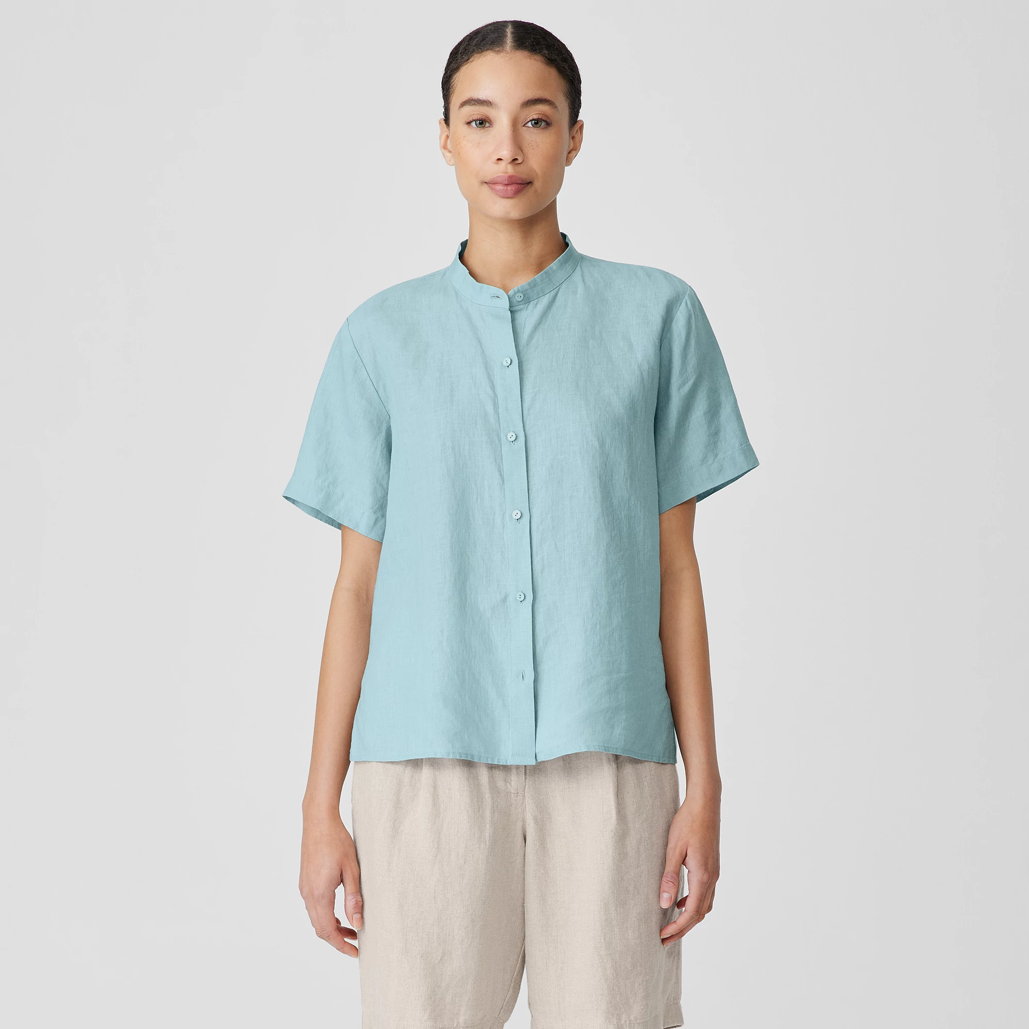 Organic Handkerchief Linen Band Collar Short-Sleeve Shirt | EILEEN FISHER