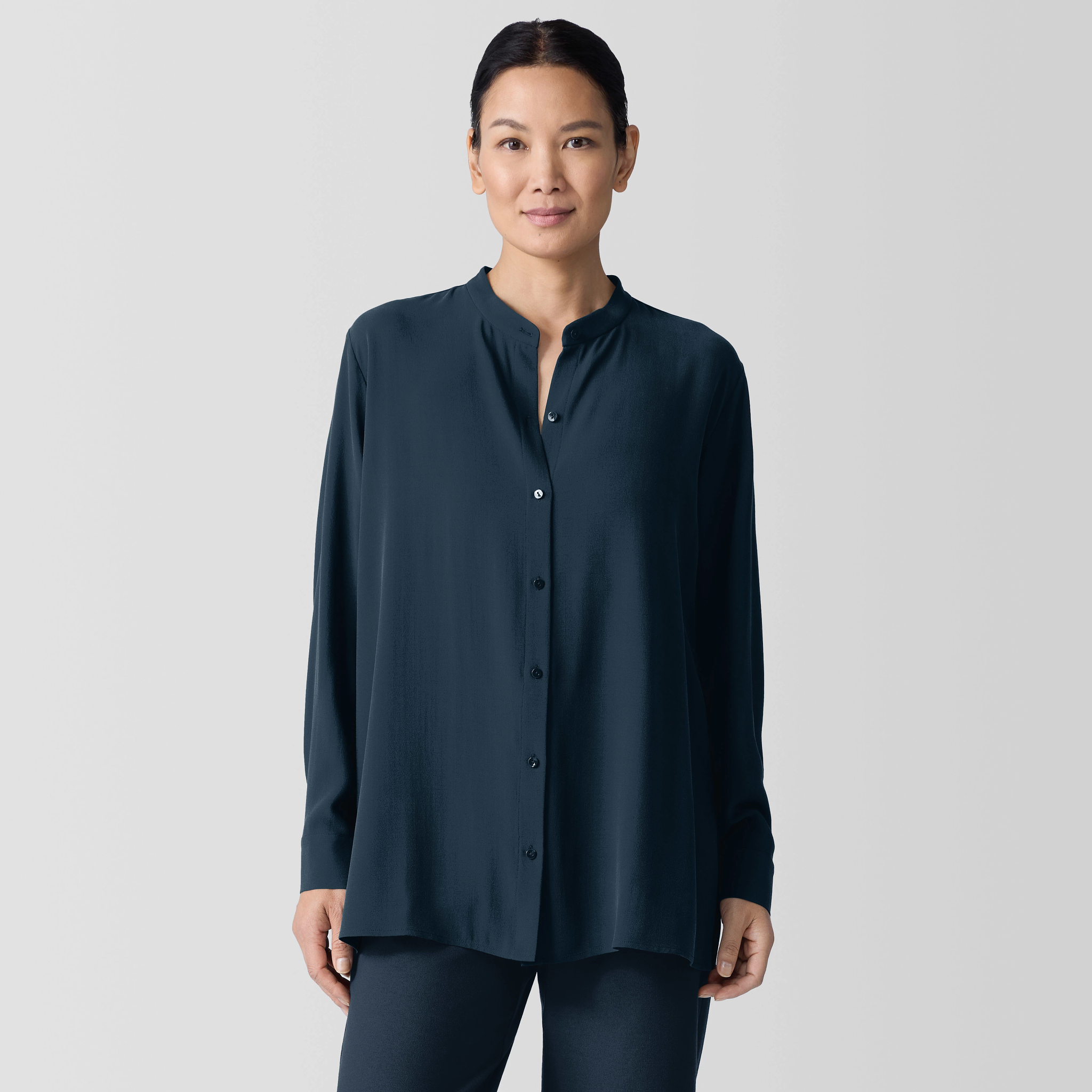 Silk Georgette Crepe Band Collar Shirt | EILEEN FISHER