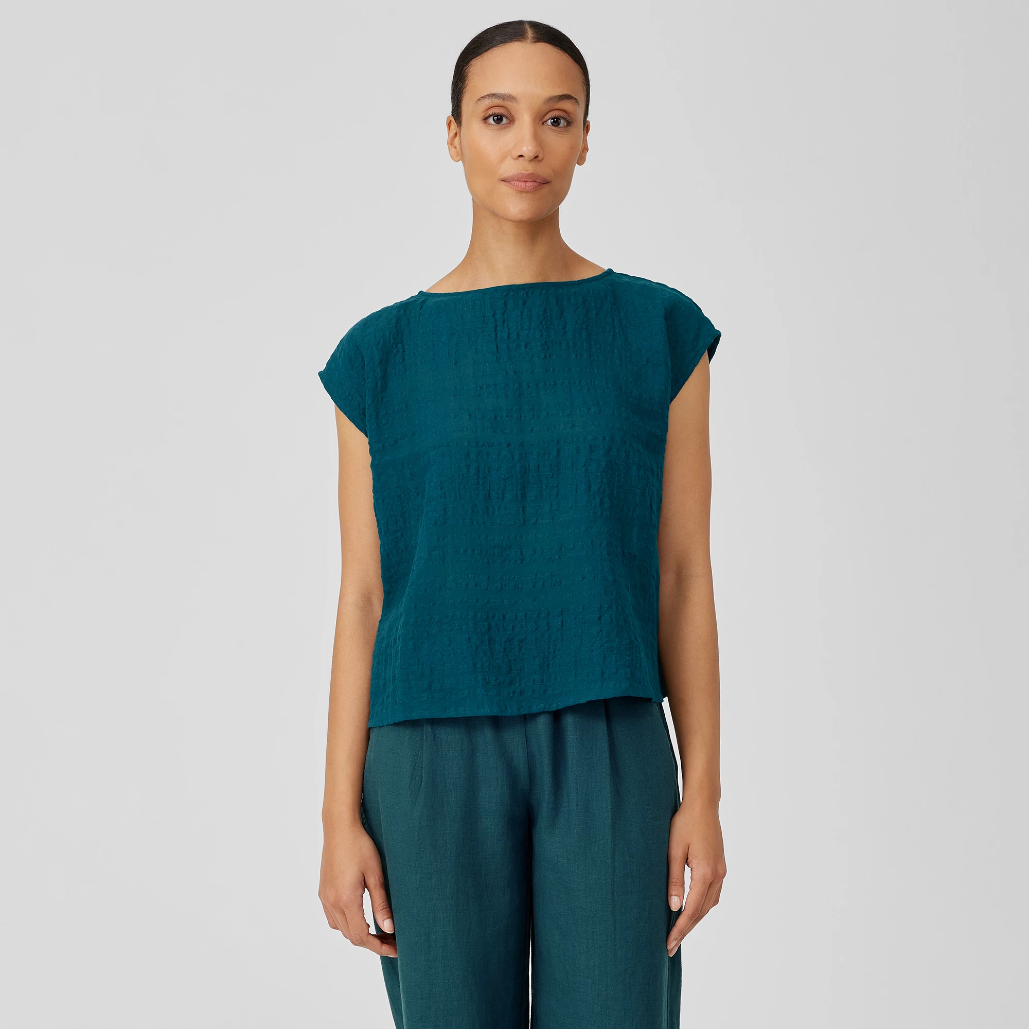 Linen Cotton Sheer Check Shirred-Back Top | EILEEN FISHER