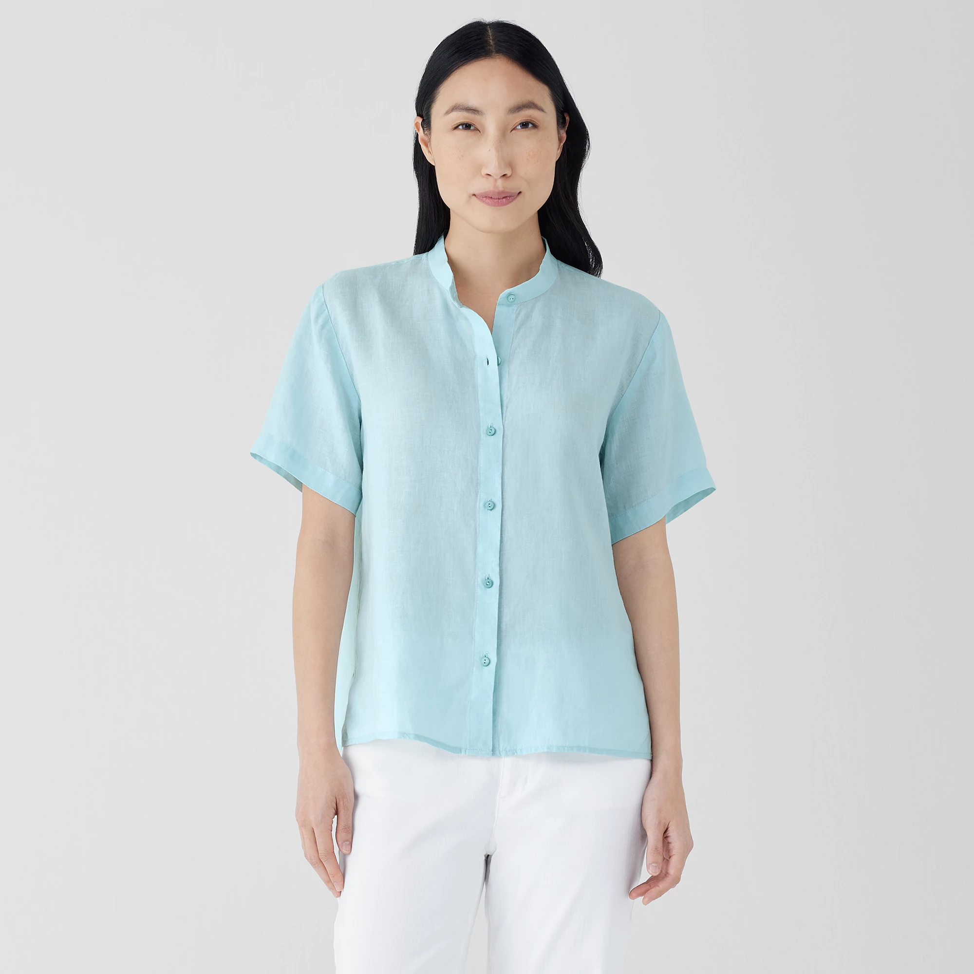 Organic Handkerchief Linen Band Collar Short-Sleeve Shirt | EILEEN FISHER