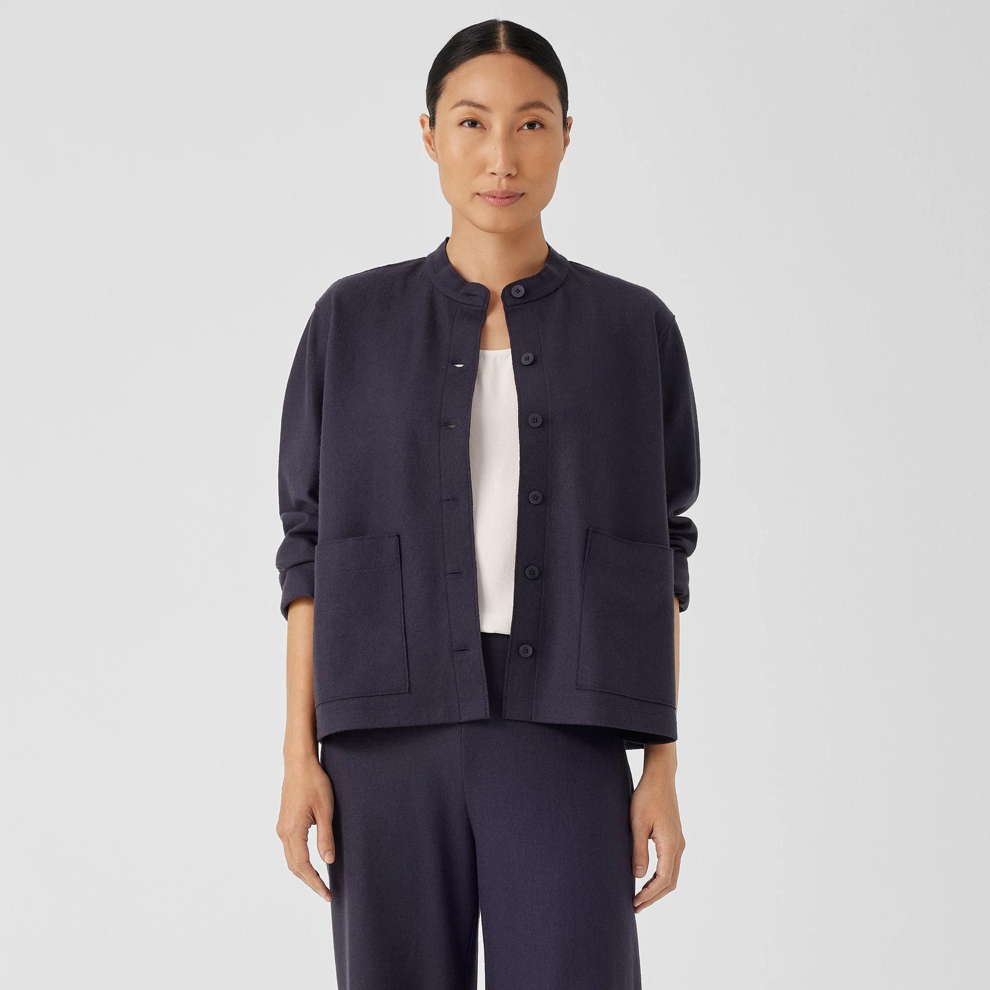 Boiled Wool Jersey Mandarin Collar Shirt Jacket | EILEEN FISHER