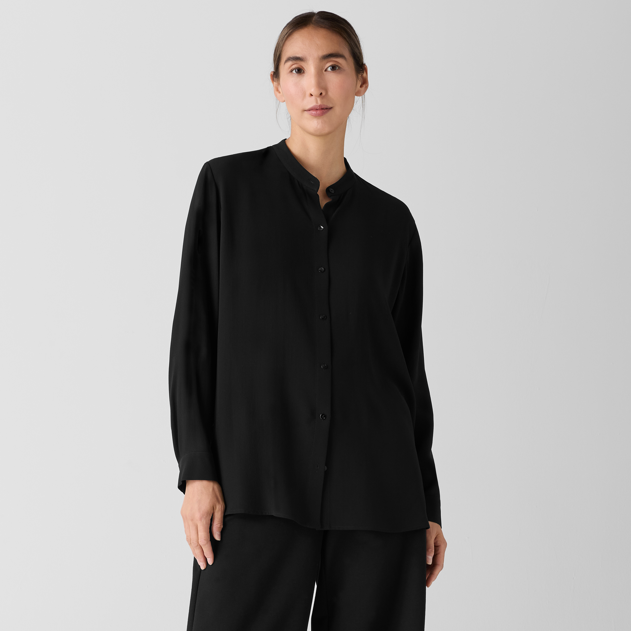 Silk Georgette Crepe Band Collar Shirt | EILEEN FISHER