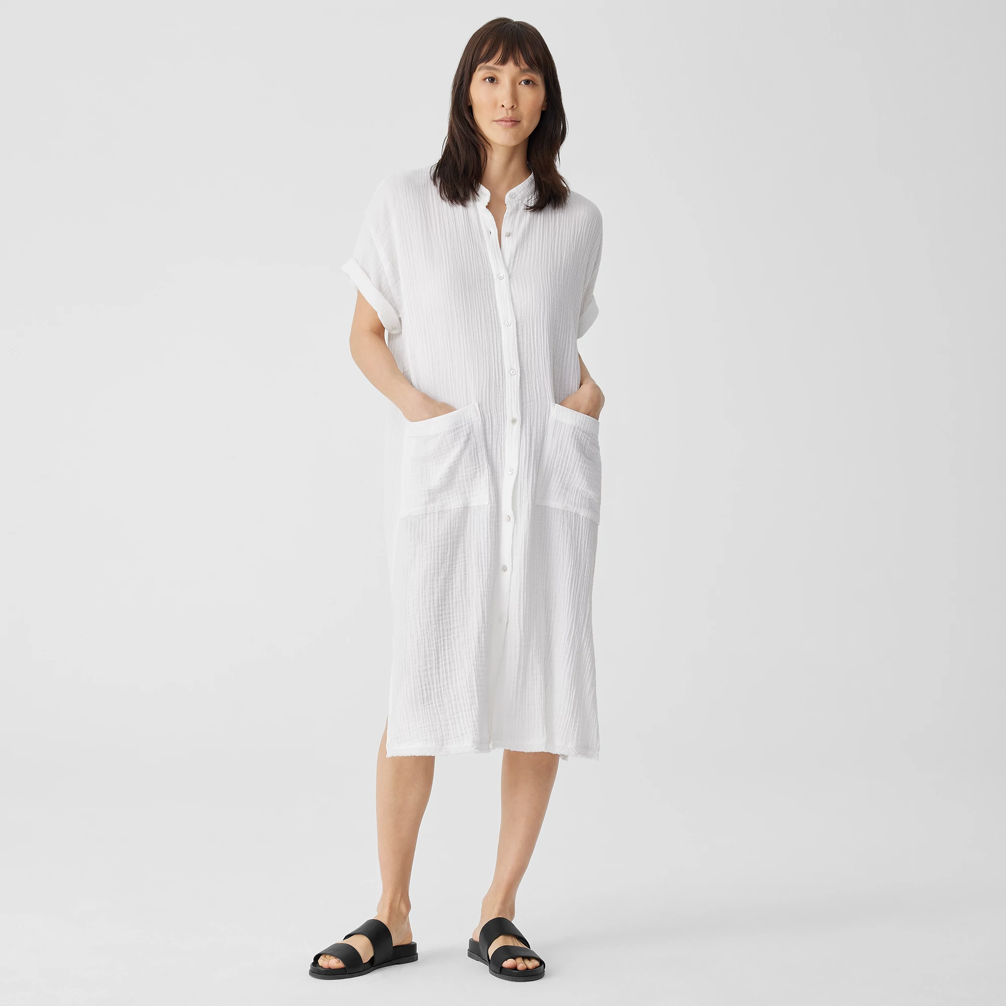 Organic Cotton Gauze Mandarin Collar Dress | EILEEN FISHER