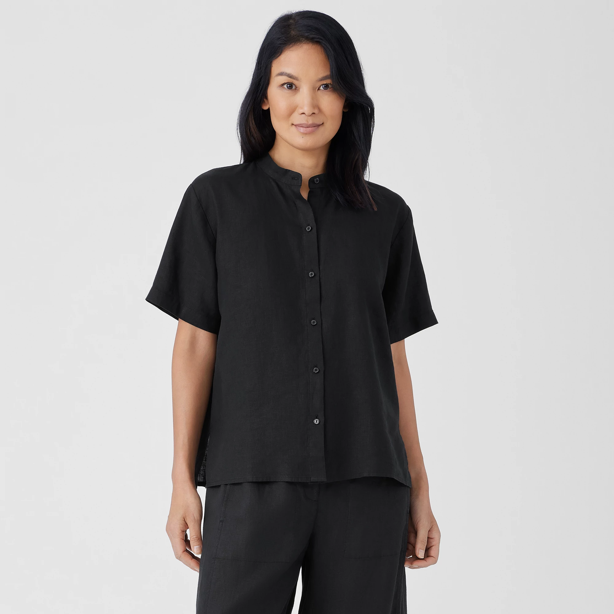 Organic Handkerchief Linen Band Collar Short-Sleeve Shirt | EILEEN FISHER